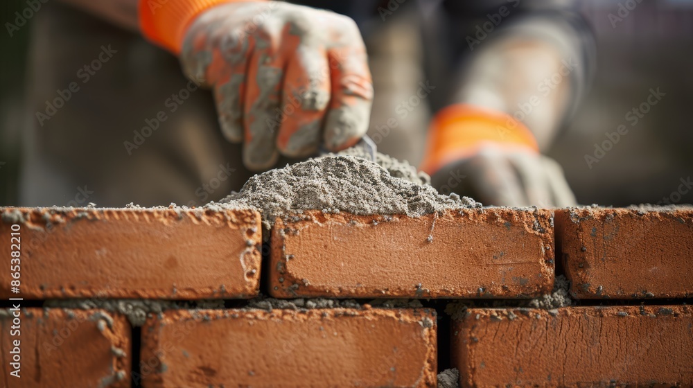 Construction workers crafting a red brick wall, detailed view of ...