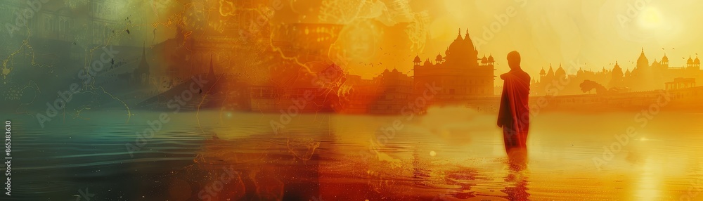 Double exposure of a heroic figure and the sacred Ganges river ...