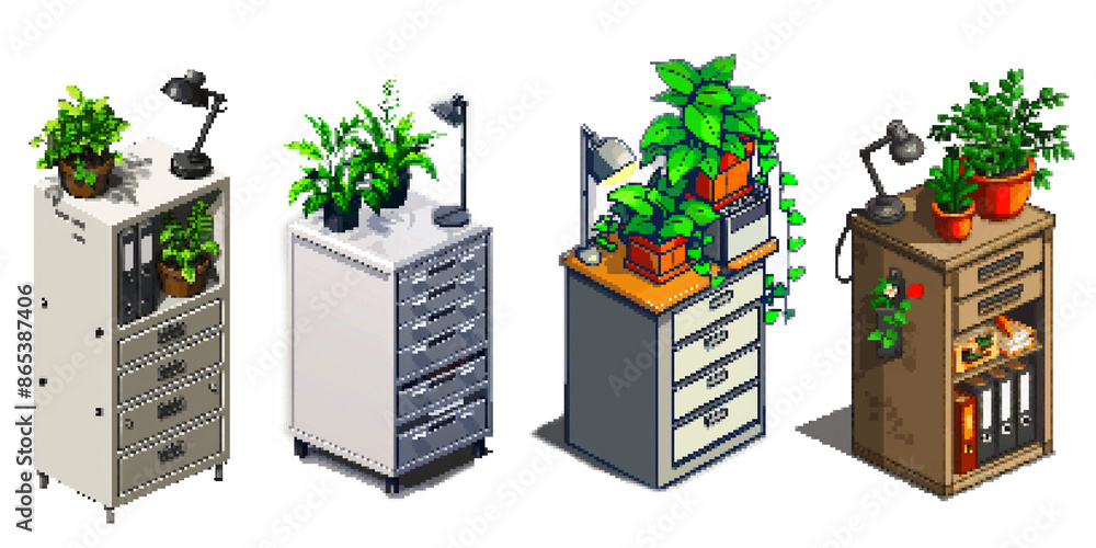 pixel art of an office file cabinet with plants on top and a lamp ...