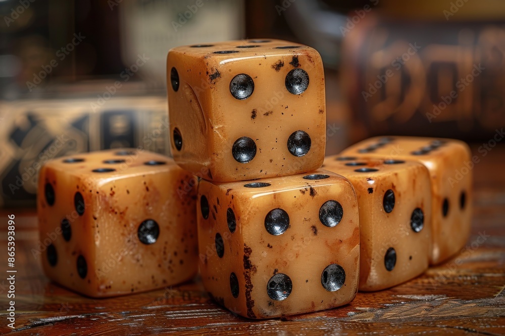 A collection of aged dice featuring black spots, displayed on a wooden ...