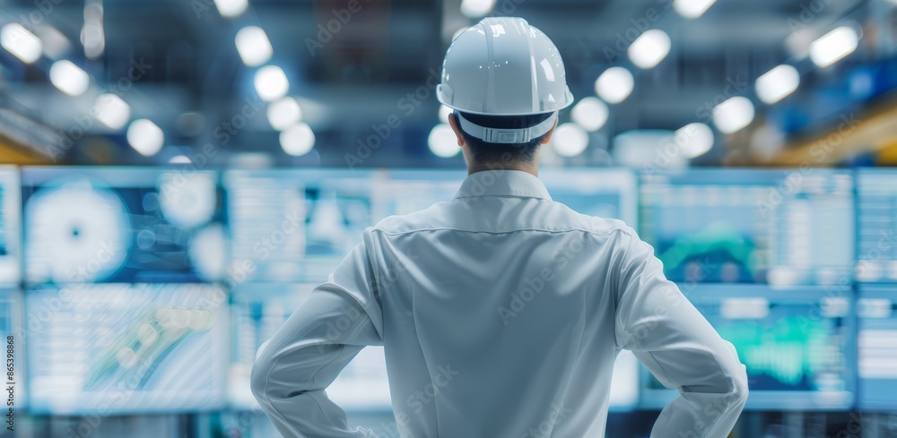 Engineer with hands on hips, back view, observing computer screens with ...