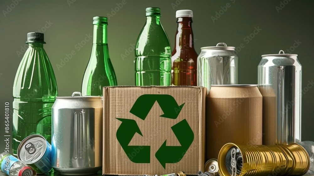 Green recycling icon with diverse recyclable items like cardboard boxes ...