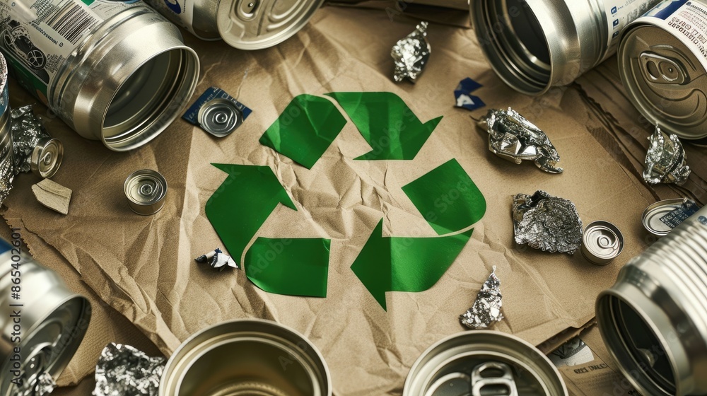 Green recycling symbol surrounded by common recyclable items like tin ...