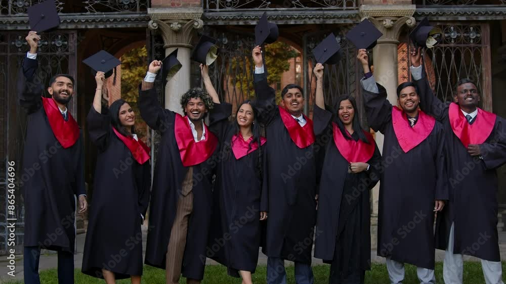 Happy, Indian students and portrait at graduation with celebration ...