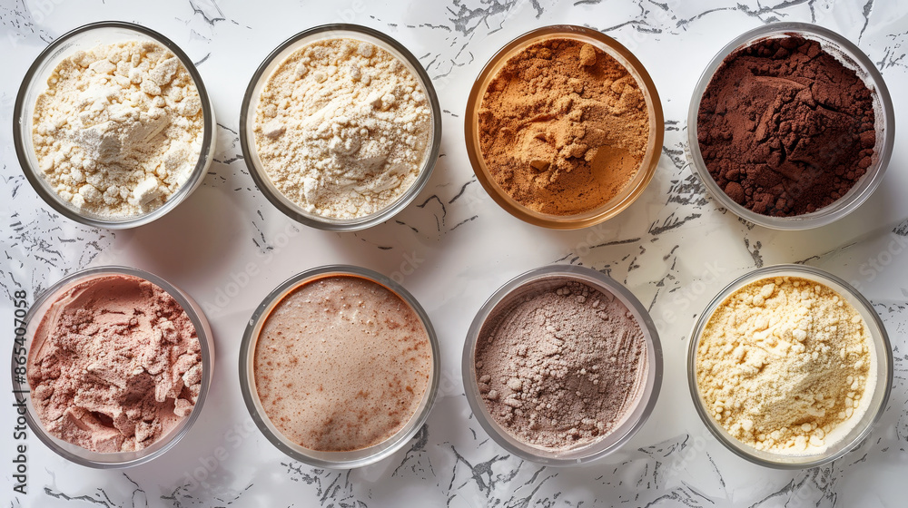 Top view of diverse protein powder varieties in containers on a marble ...