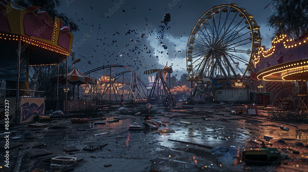 An abandoned amusement park at night. The rides are all broken down and ...