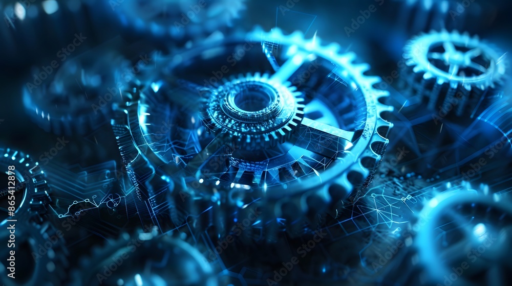 A close up of a set of gears with a blue tint. The gears are all ...