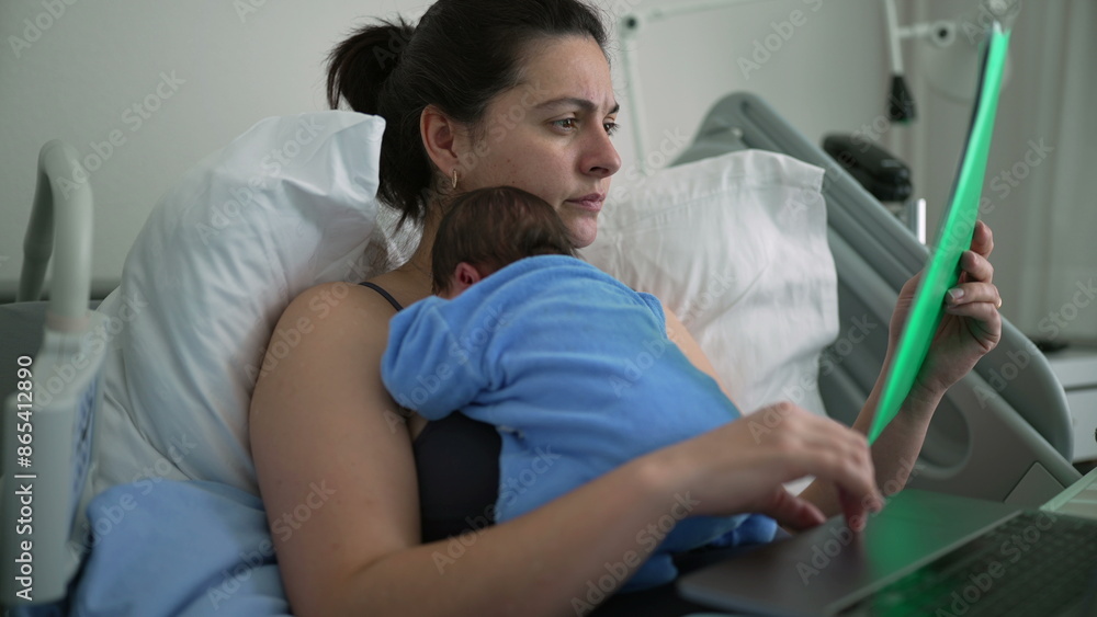 New mother in hospital bed reviewing documents while holding sleeping ...