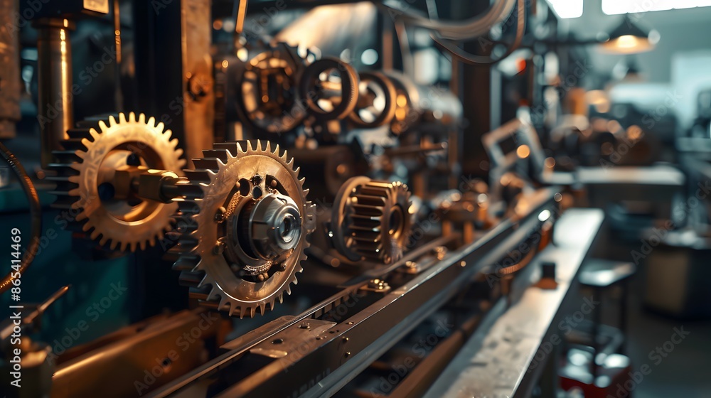 A close up of a set of gears with a blue tint. The gears are all ...