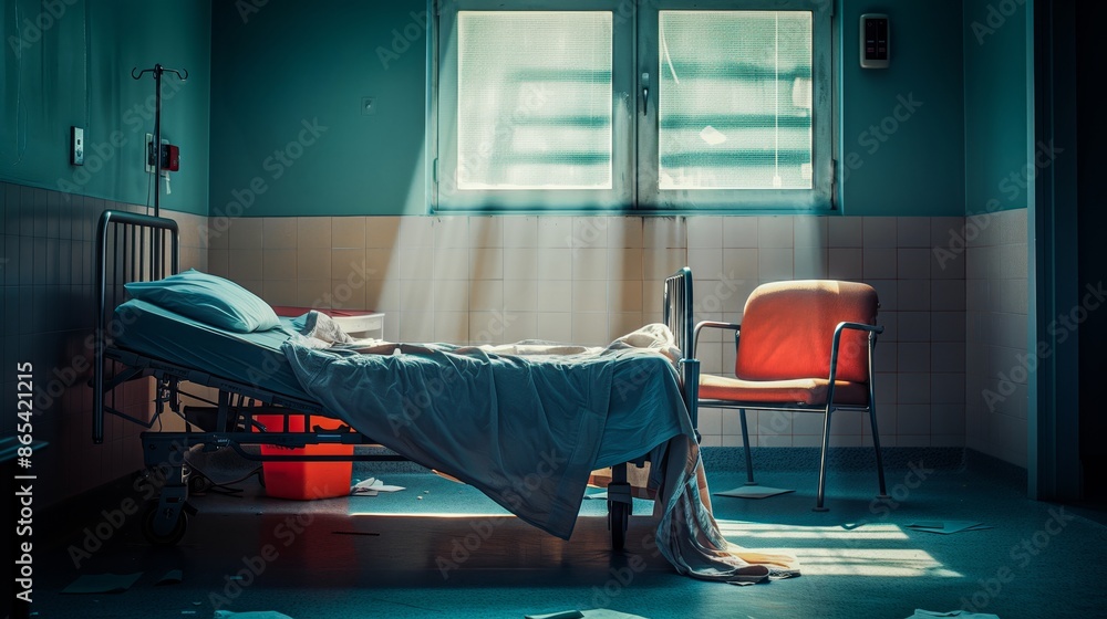 Desolate hospital room bathed in dim sunlight, with an empty bed, a ...