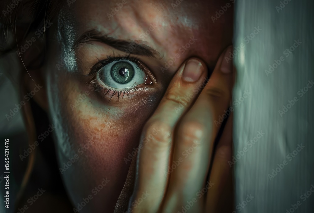 Close-up of a woman's eyes, filled with fear and terror. She cowers in ...