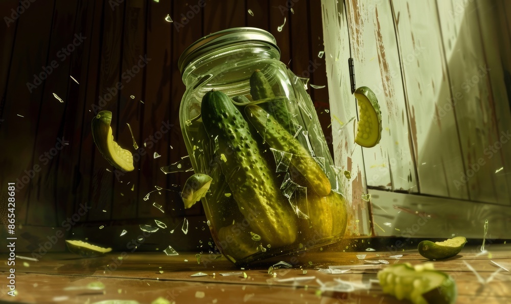 Foto de hyper realistic broken pickle jar on floor with flying pickles ...
