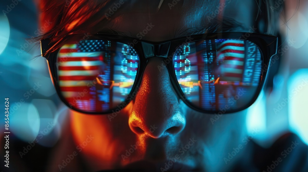Hacker with American flag reflection in glasses close up, focus on ...