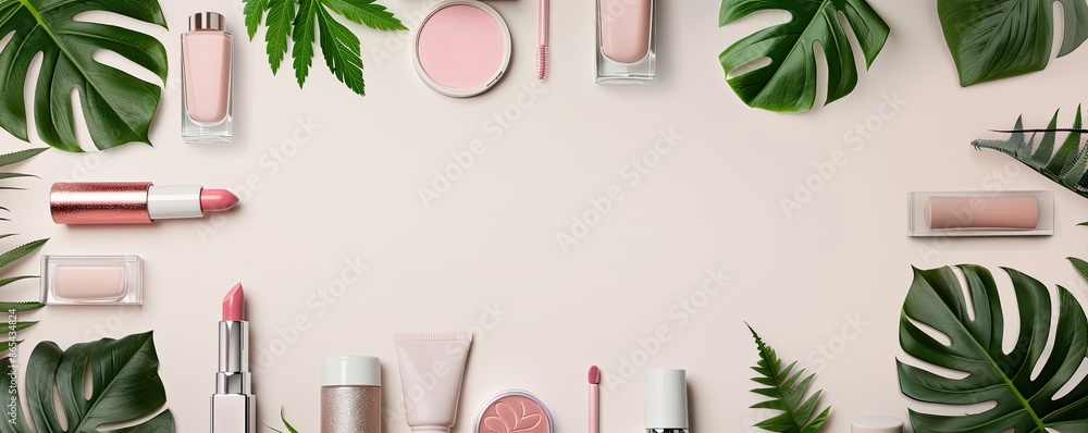 Cosmetic items frame, blank center, dynamic backdrop, lipsticks ...