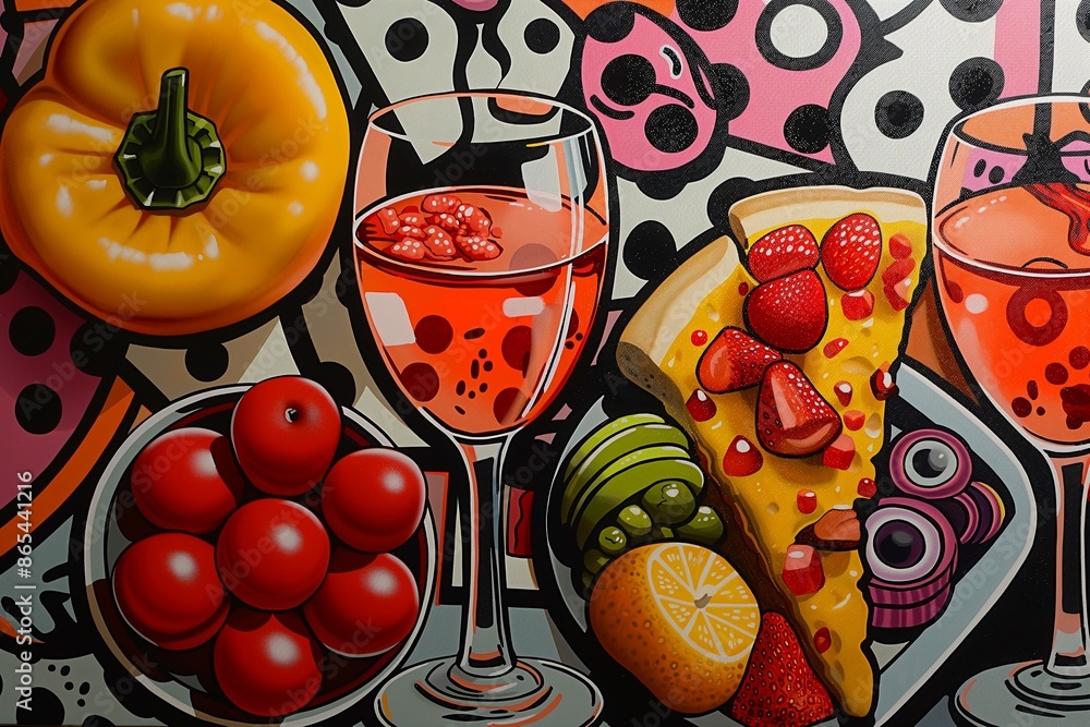 Comic strip-inspired still life pop art featuring various fruits, wine ...