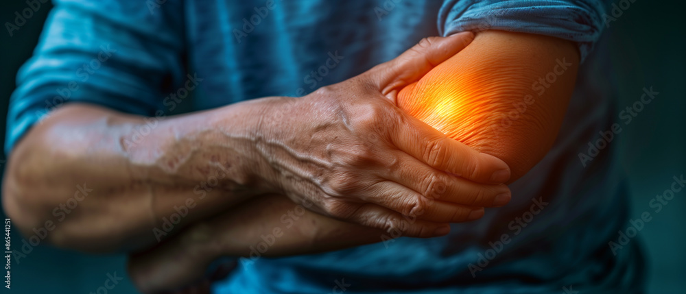 A close-up image showing a person holding their elbow in pain. The area ...