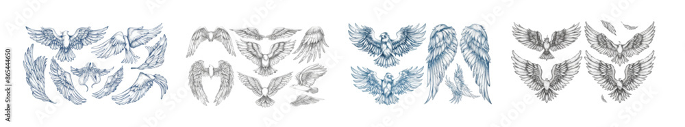 Vintage modern set with hand drawn wings. Sketch bird or angel wing ...