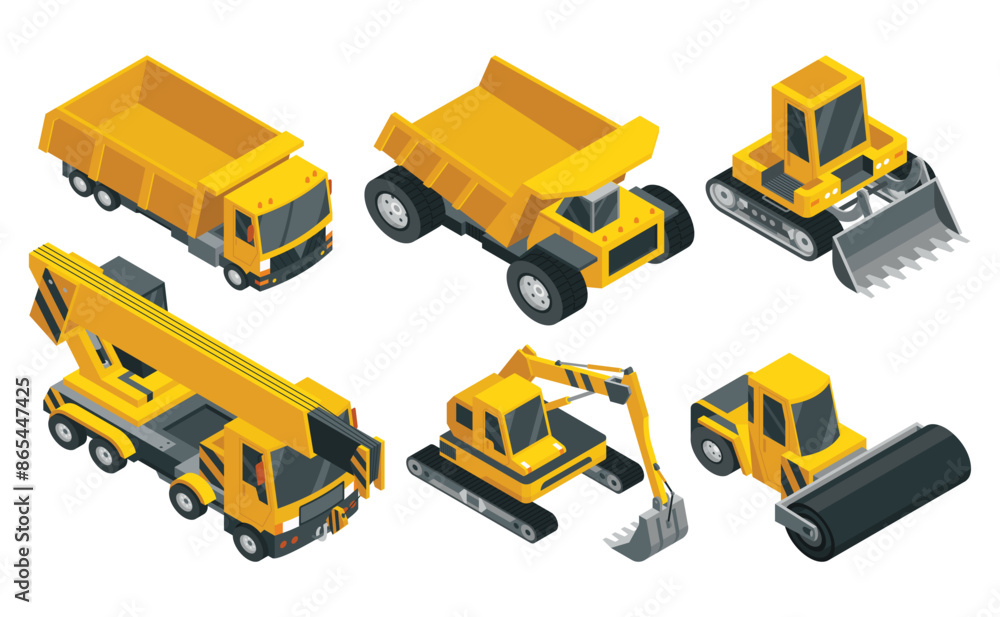 Construction machinery isometric icon set. Heavy transportation ...