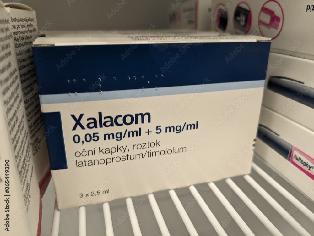 Prague, Czech Republic - July 10 2024: Xalacom box of medication with ...