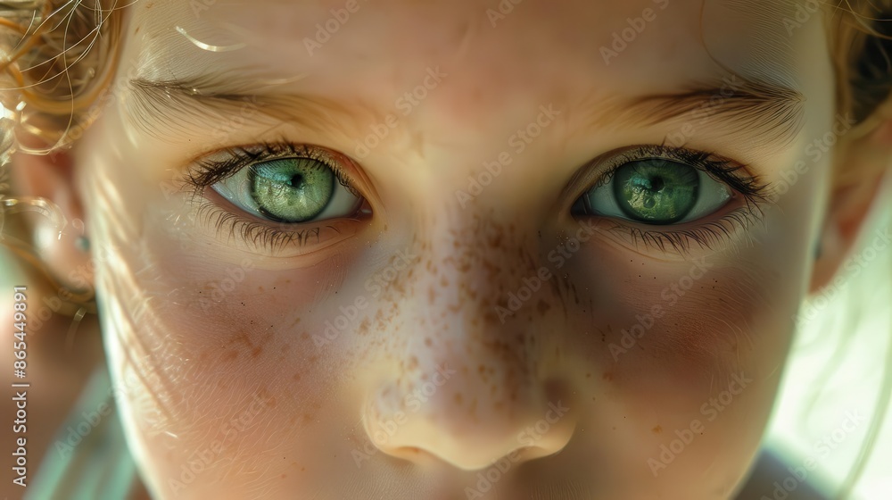 a childs face fills the frame their piercing bright green eyes ...
