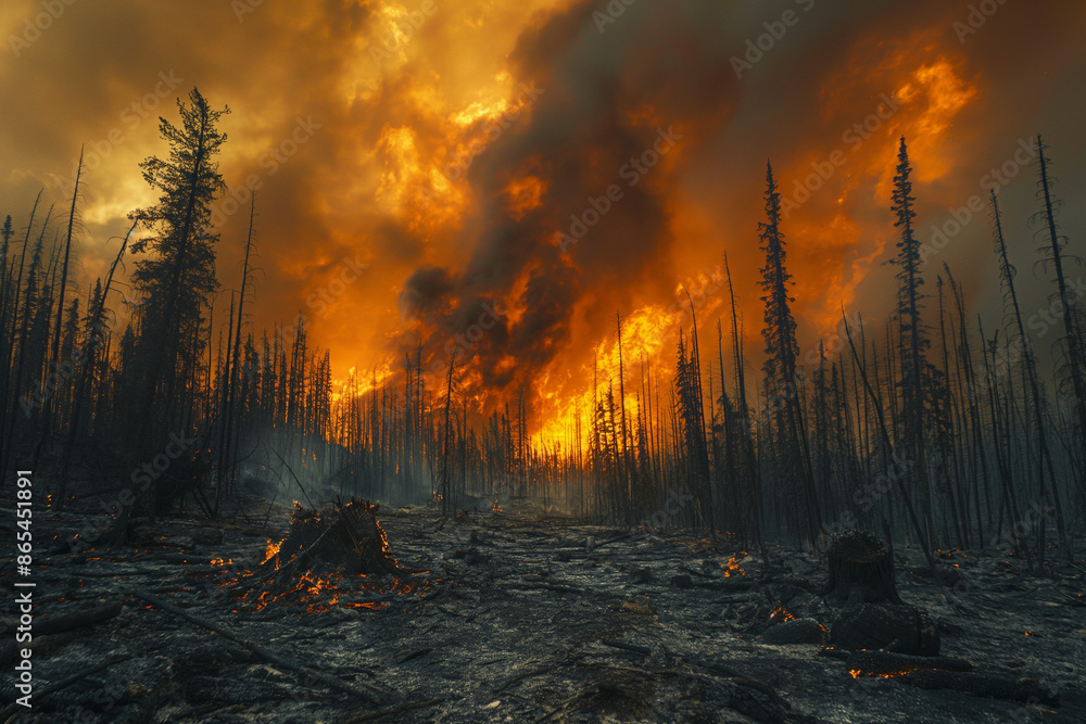 charred trees and smoldering forest ground after a devastating wildfire ...