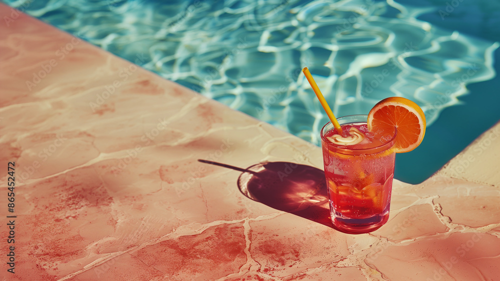 cocktail next to swimming pool. Alcoholic drink negroni with straw ...