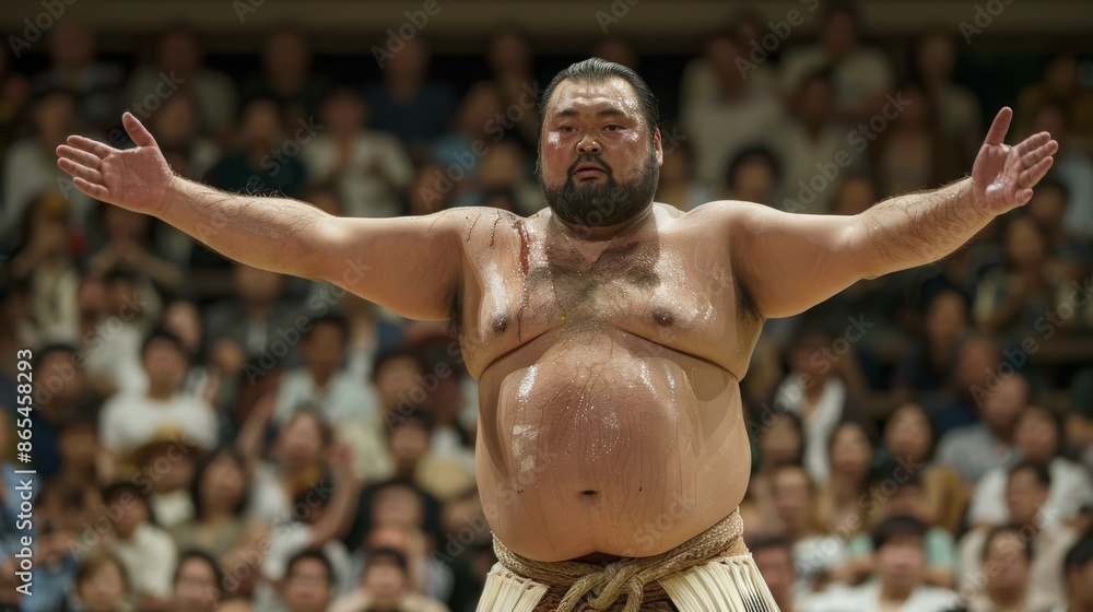 An image depicting a sumo wrestler in traditional attire, standing powerful and ready on the ...