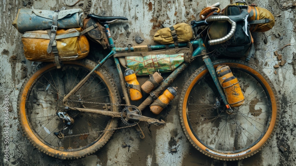 This image shows a heavily-loaded bicycle, caked in mud with several ...