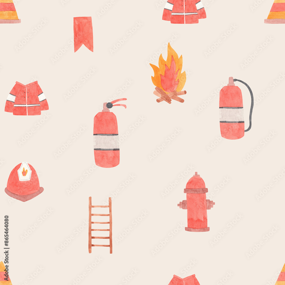 Firefighter seamless pattern - hand drawn watercolor surface design for ...