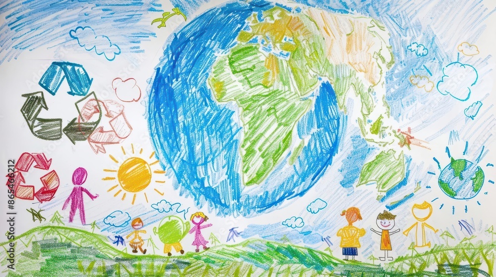 childs crayon drawing of green earth stick figure people recycling ...