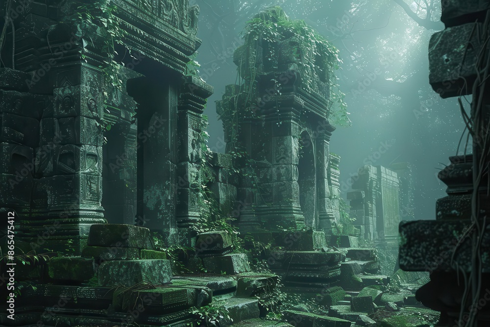 ancient temple ruins in misty forest crumbling stone structures covered ...