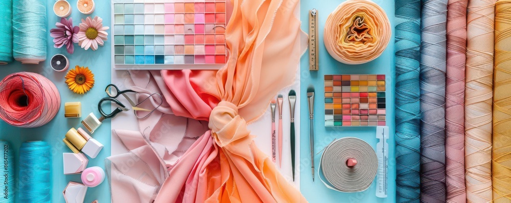An organized flat lay of a fashion designers tools and materials ...