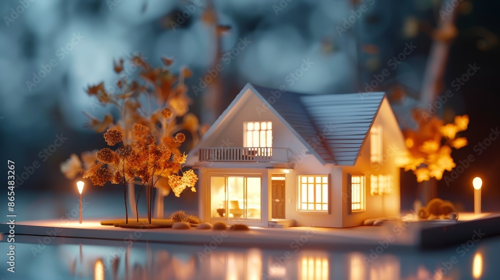 Illuminated House in Miniature with Autumnal Backdrop - A miniature ...