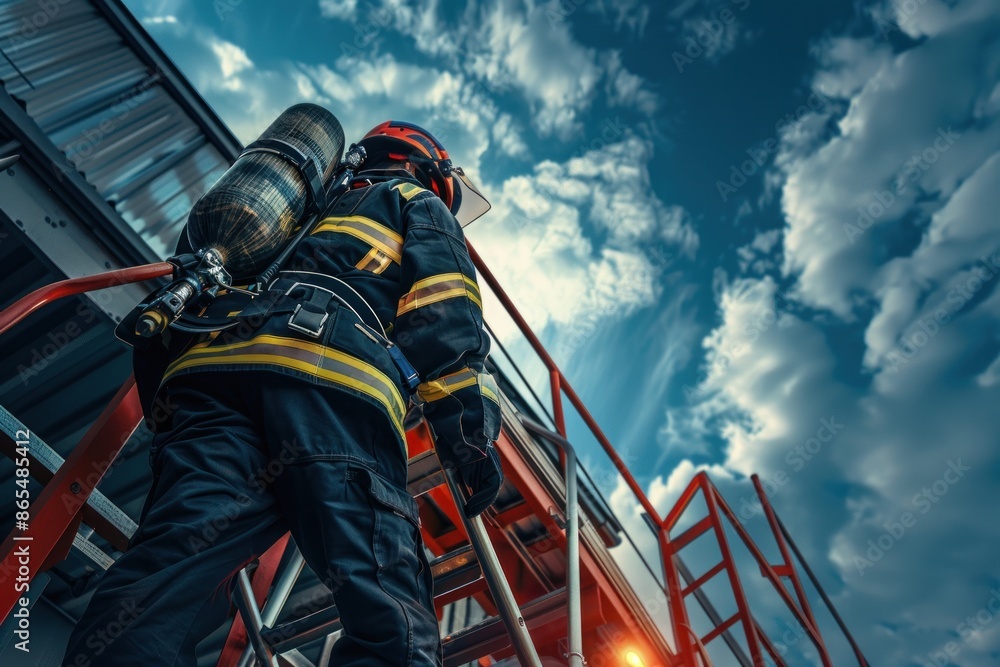 Portrait of a Japanese firefighter conducting a ladder drill at a fire ...