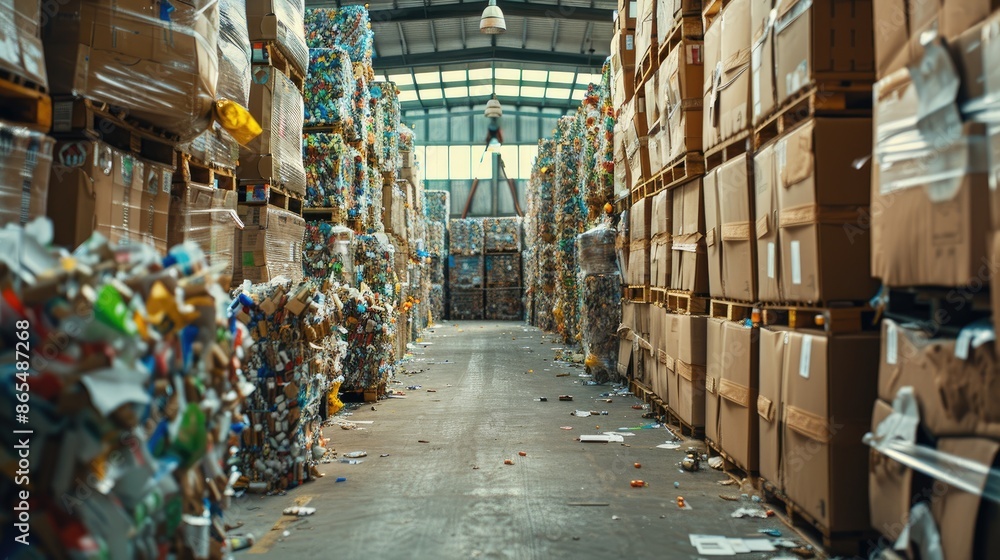 Warehouse full of trash and boxes. Scene is one of waste and ...