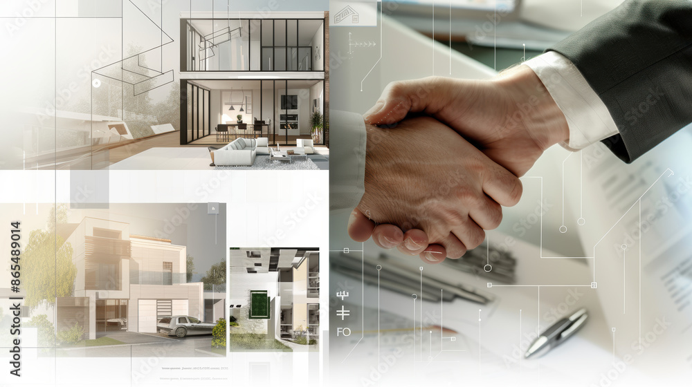 Several hands clasped in a handshake over home design plans, merging ...