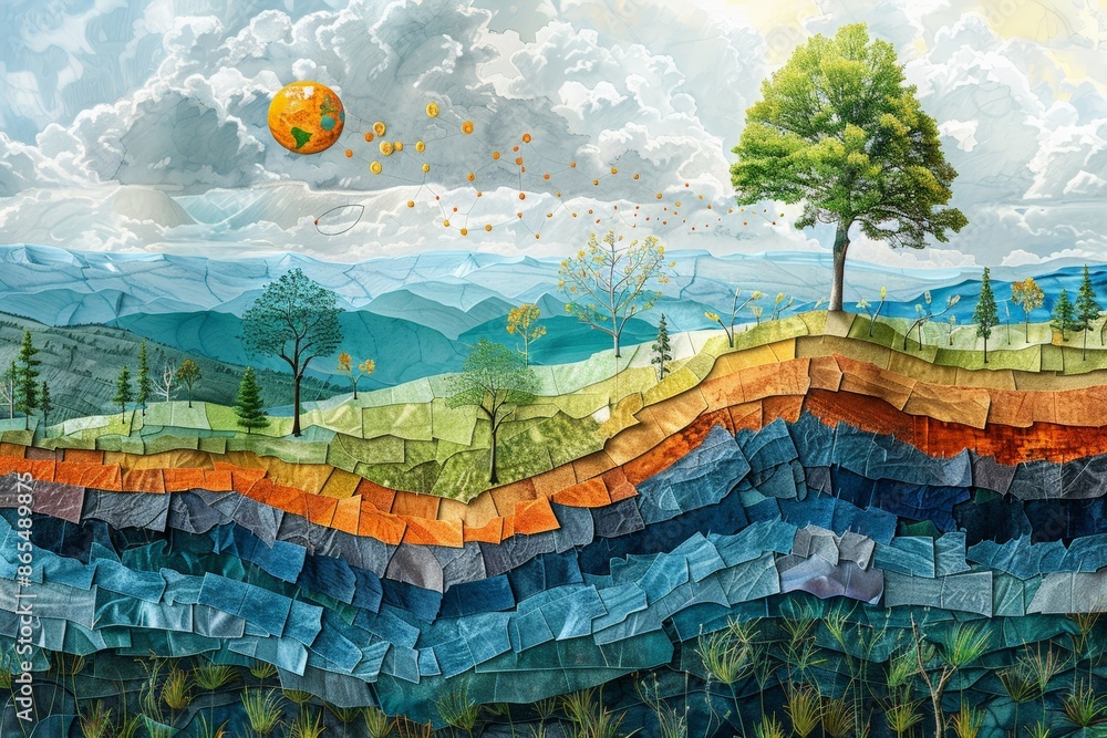 Artistic landscape illustrating carbon cycle through diverse terrains ...