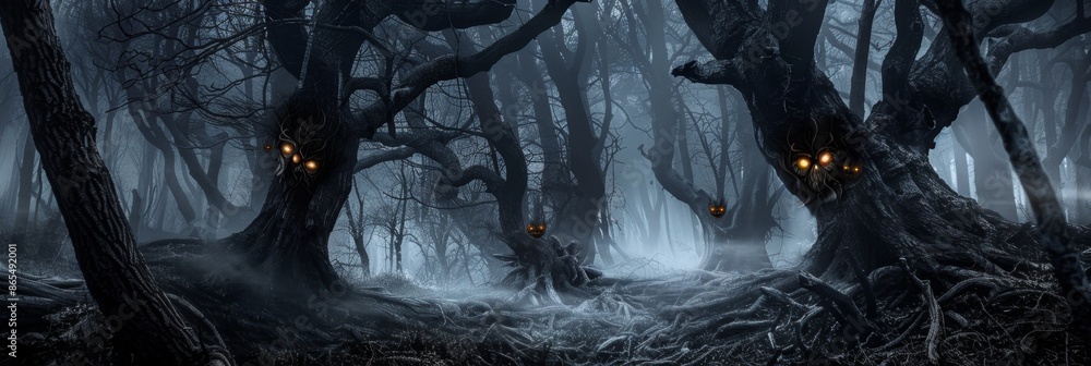 Dark scary forest, twisted trees with long shadows, fog covering the ...