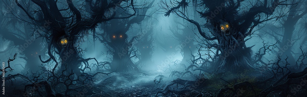 Dark scary forest, twisted trees with long shadows, fog covering the ...