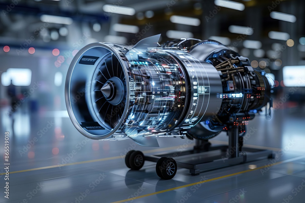 Boeing engine in a hangar with holographic technical readouts, Boeing ...