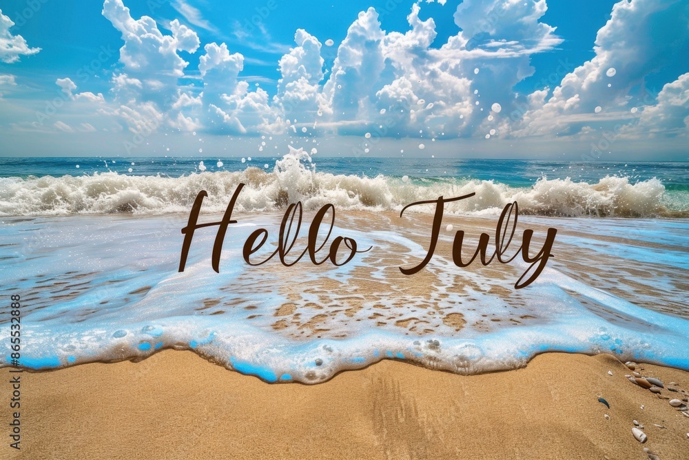 "Hello July" written in cursive on the beach with waves crashing onto ...