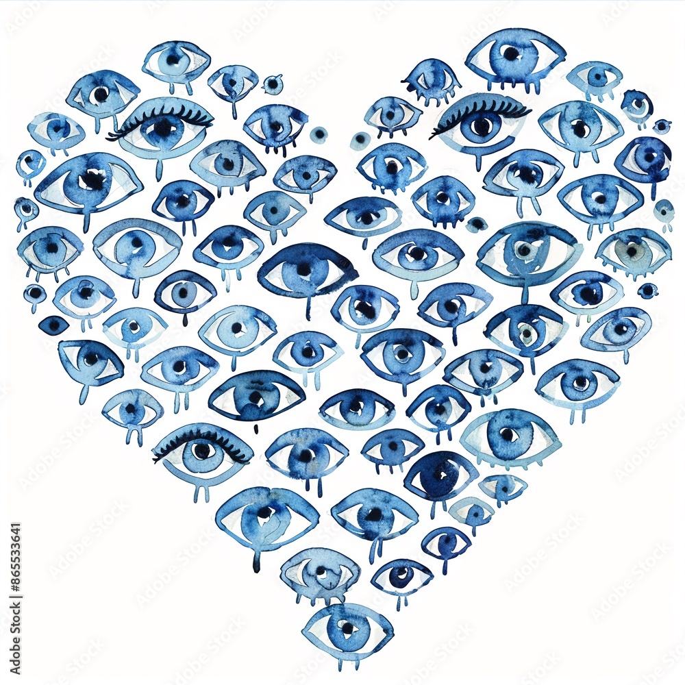 Watercolor illustration of a large heart shape made of human eyes ...
