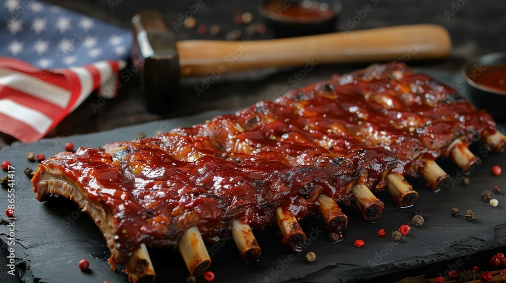 Labor Day BBQ featuring ribs and a hammer, American flag on left, right ...