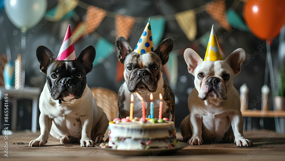 Three adorable French Bulldogs wearing party hats celebrate a birthday ...