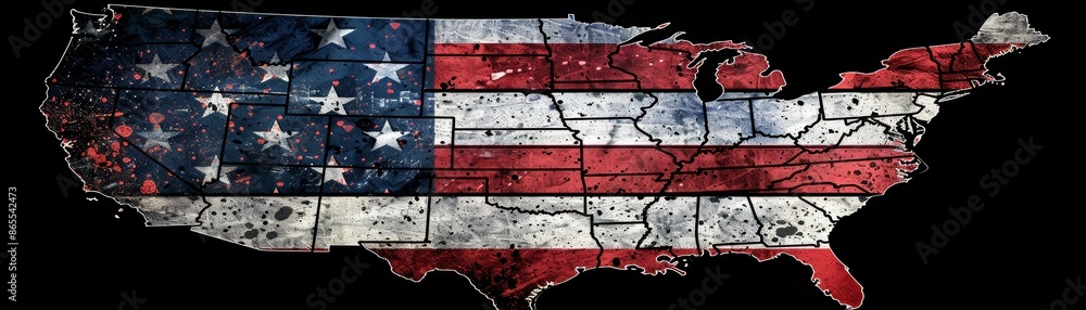 Rustic map of the United States with American flag overlay, symbolizing ...