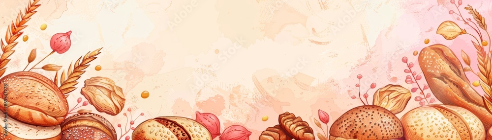 Elegant watercolor bakery-themed border with various bread and pastries ...
