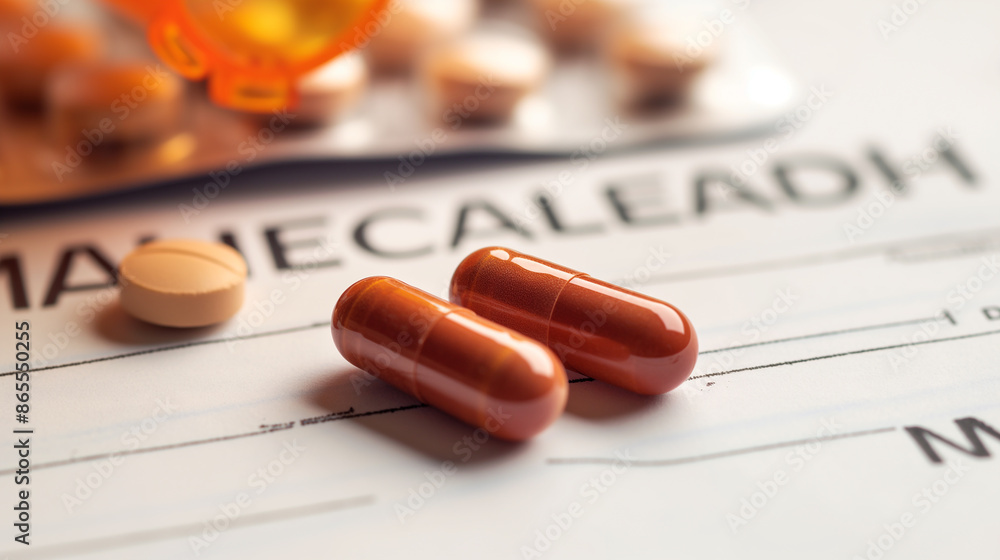Antibiotic capsules with a detailed prescription pad in the background ...