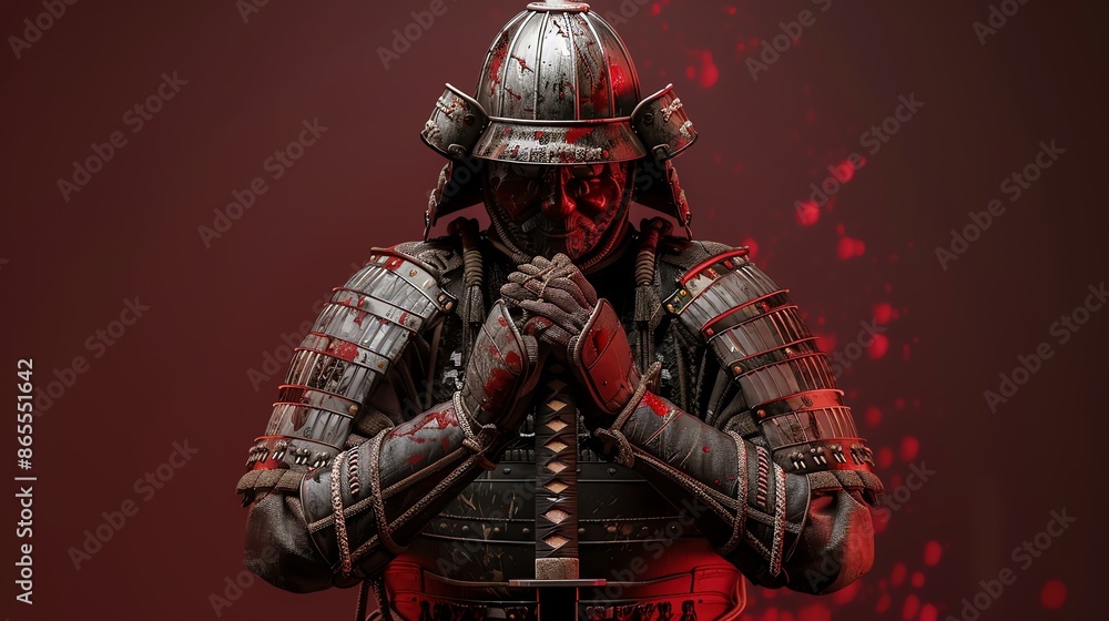 A samurai warrior dressed in traditional armor, with a helmet and a ...