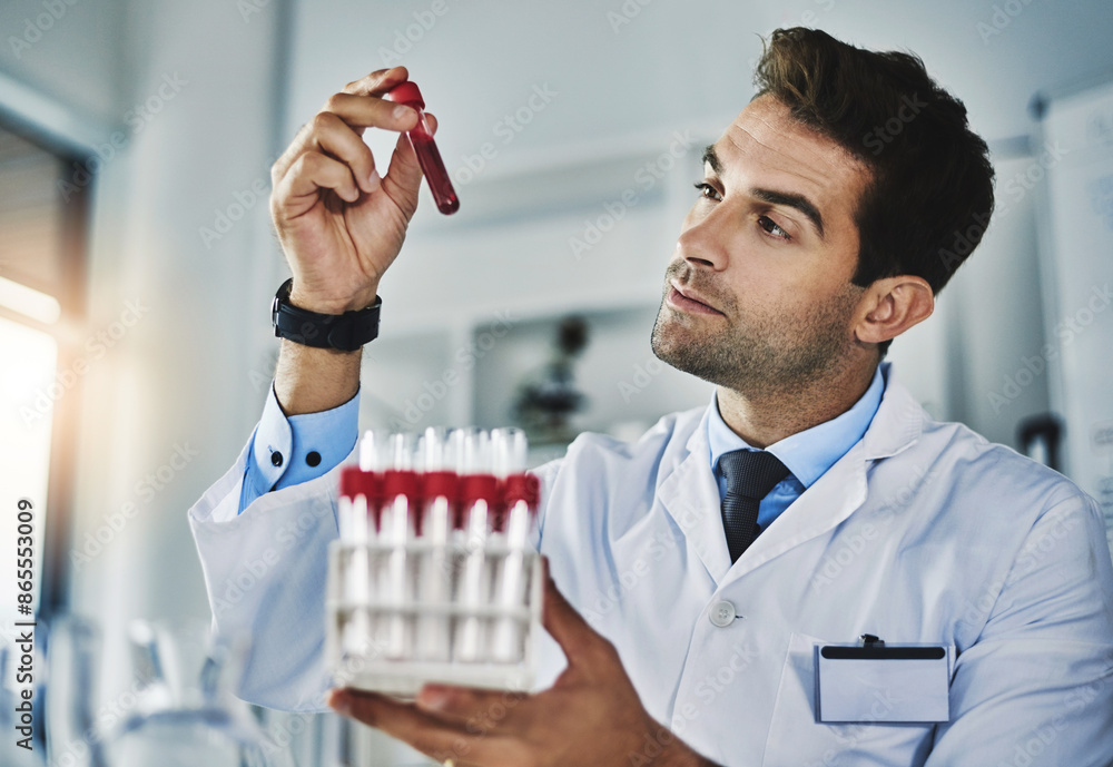 Man, scientist and thinking with blood test in lab for research ...