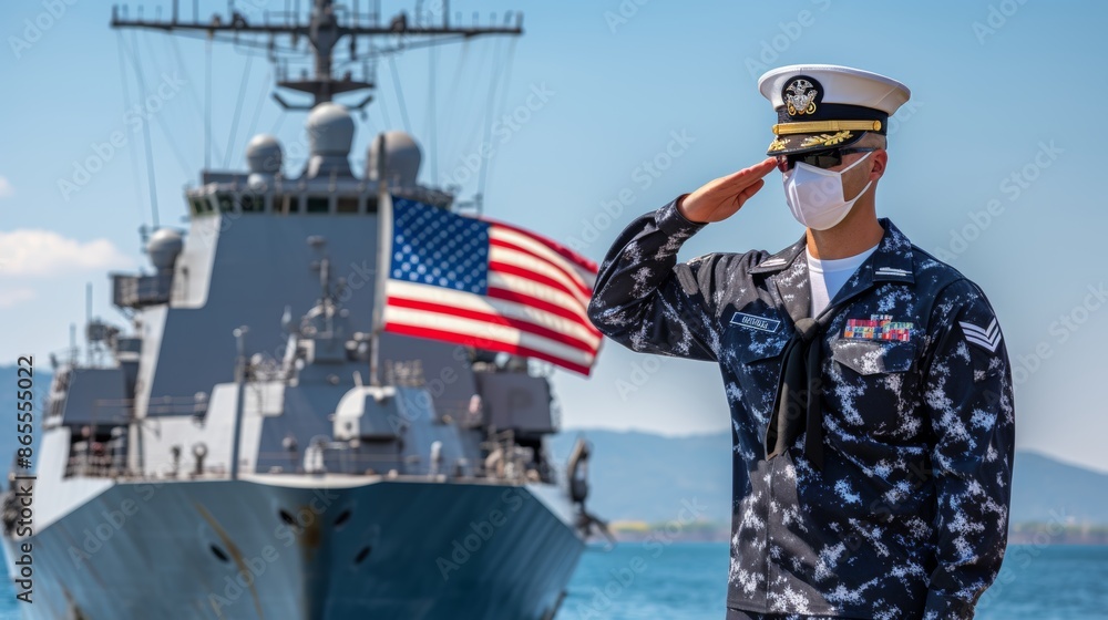 Us navy sailor saluting american flag on the aircraft carrier s deck in ...